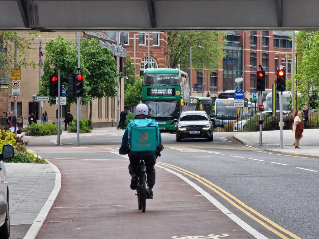 A cyclist uses the new cycle lane in Canal Street, which links the city ...